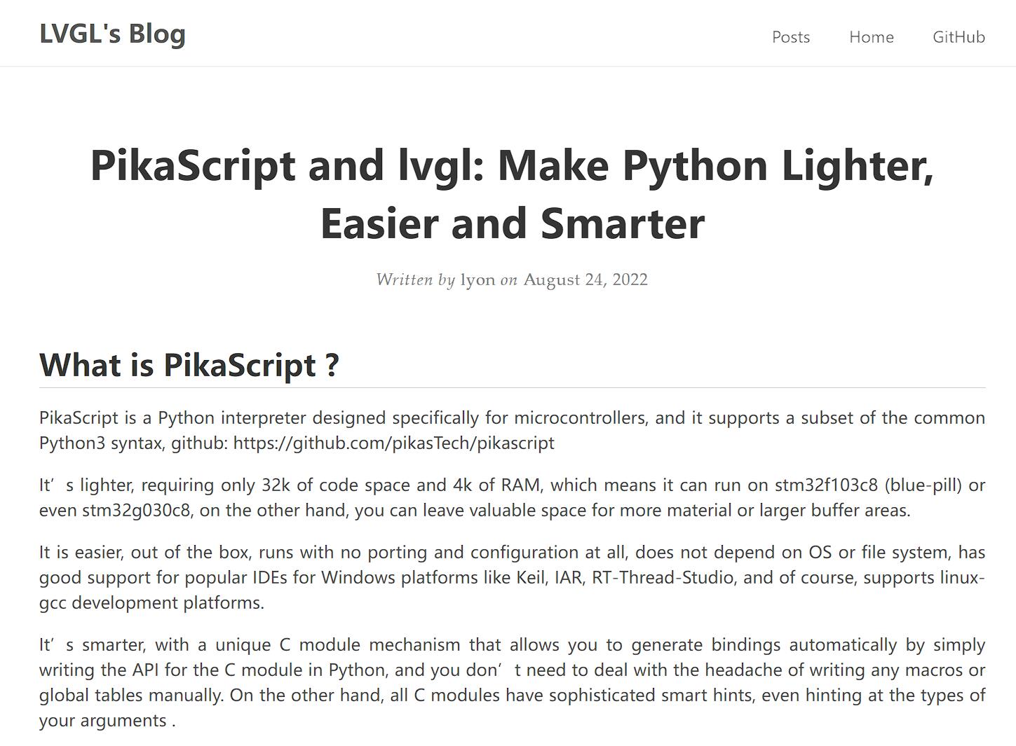 PikaScript 合并进入 LVGL 主线文档，并在 LVGL 博客频道发表文章！ / PikaPython（嵌入式Python引擎 ...